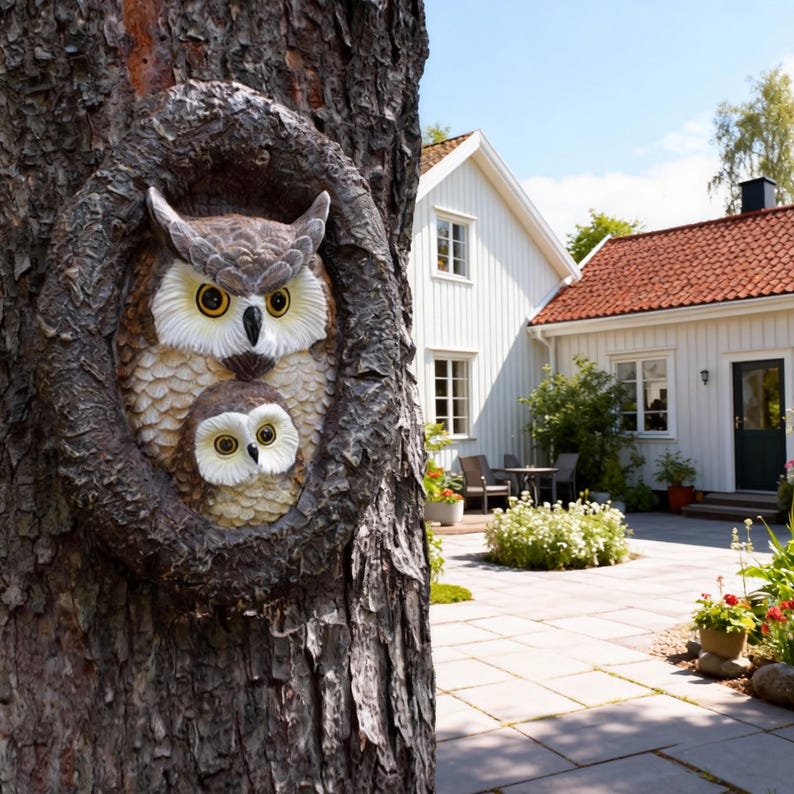 Mother & Baby Owl Tree Decor, Owl Tree Hugger Sculpture, Garden Wall ...