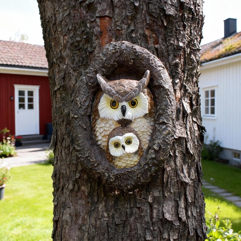 Mother & Baby Owl Tree Decor, Owl Tree Hugger Sculpture, Garden Wall ...