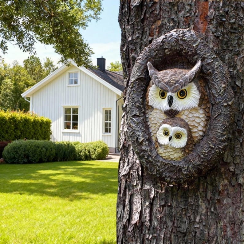 Mother & Baby Owl Tree Decor, Owl Tree Hugger Sculpture, Garden Wall ...