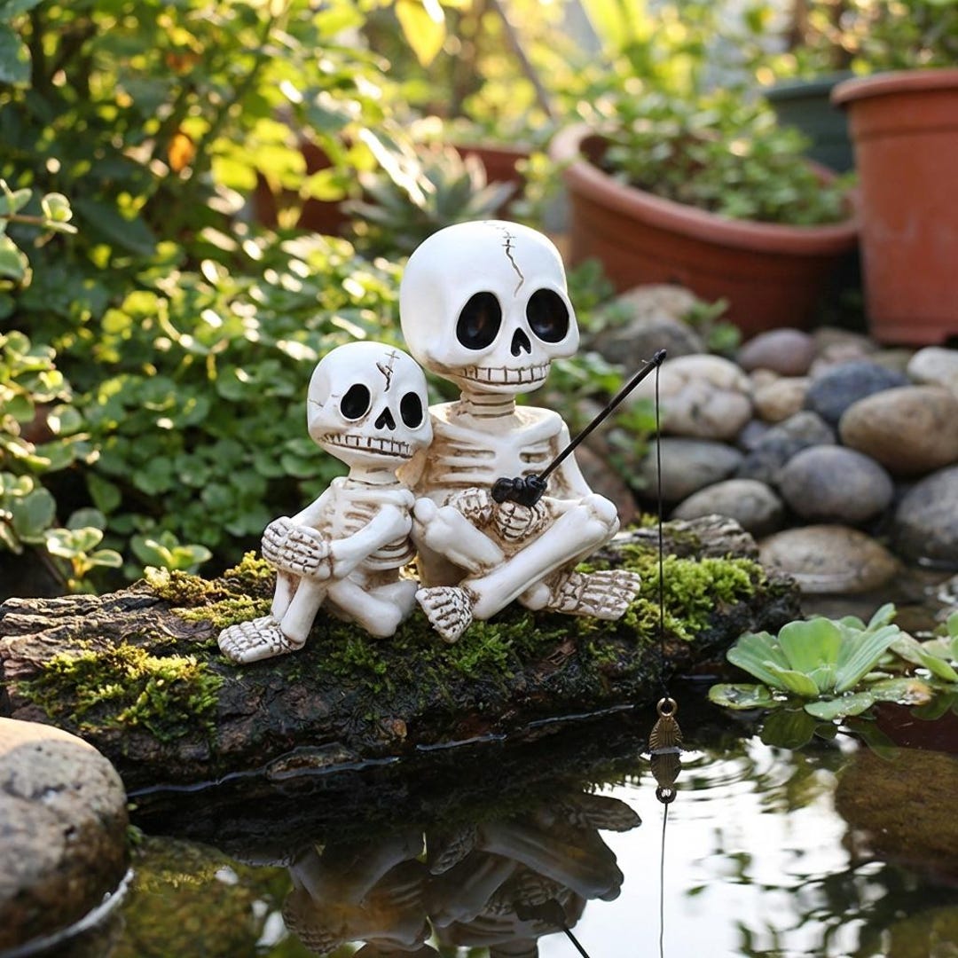 Fishing Skeleton Father and Son Statue, Gothic Garden Decor, Resin Pond ...