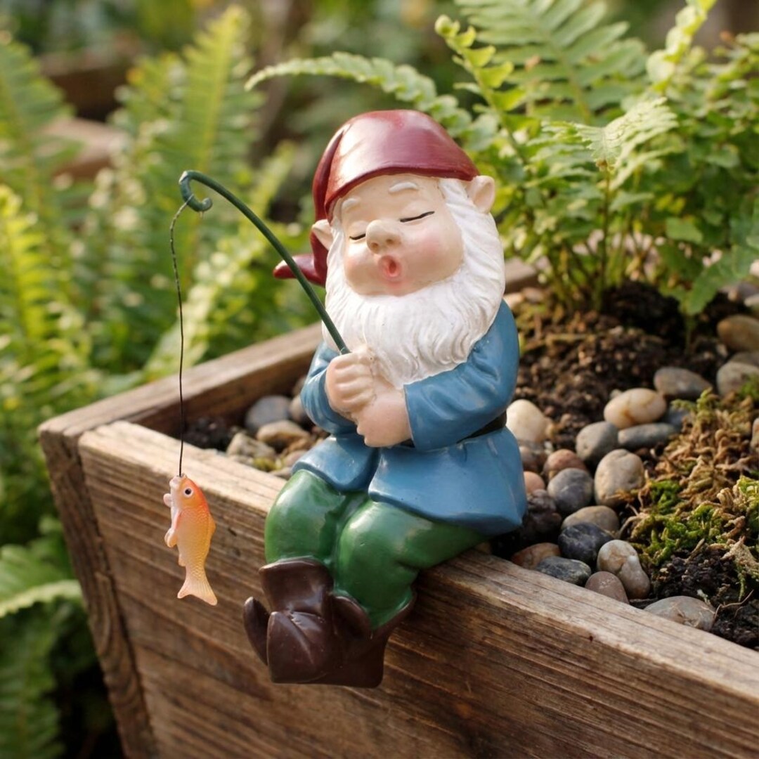 Fishing Gnome Garden Statue, Cute Gnome Figurine for Pond & Planter ...