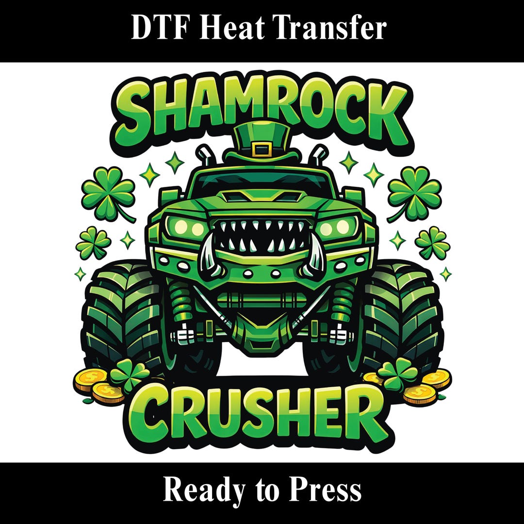 Shamrock Crusher Monster Truck DTF Transfer, Boys Toddlers St Patricks ...