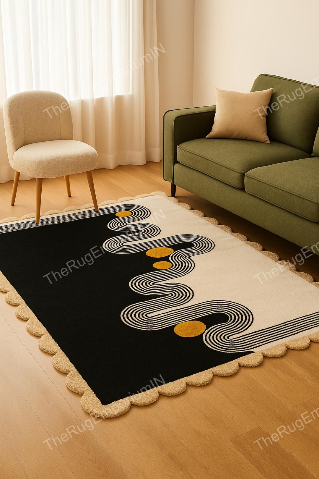 Hand Tufted Modern Abstract Rug | Black & Ivory Wavy Design With ...