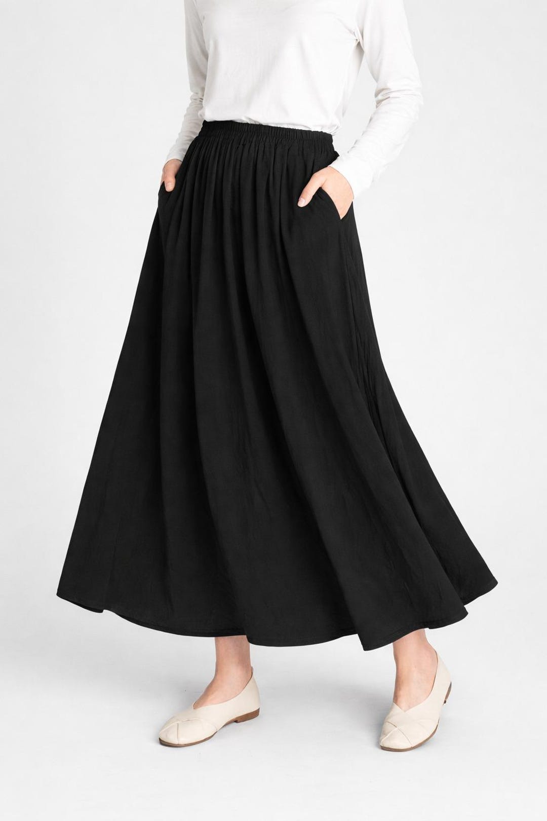 Handmade Cotton Linen Maxi Skirt With Pockets | Elastic Waist A-line ...