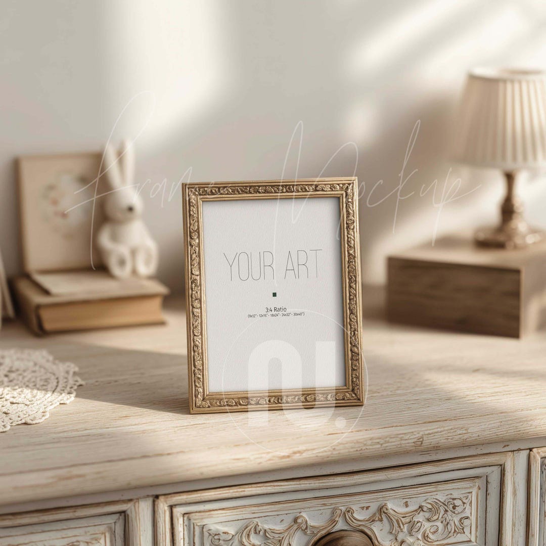 3x4 Ratio Vintage Nursery Frame Mockup: Gold Frame Art Display (PSD ...