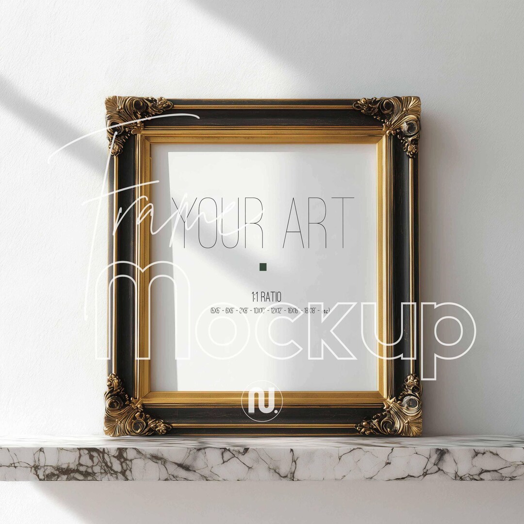 1x1 Ratio Square Vintage Frame Mockup: Black and Gold Elegant Mockup ...
