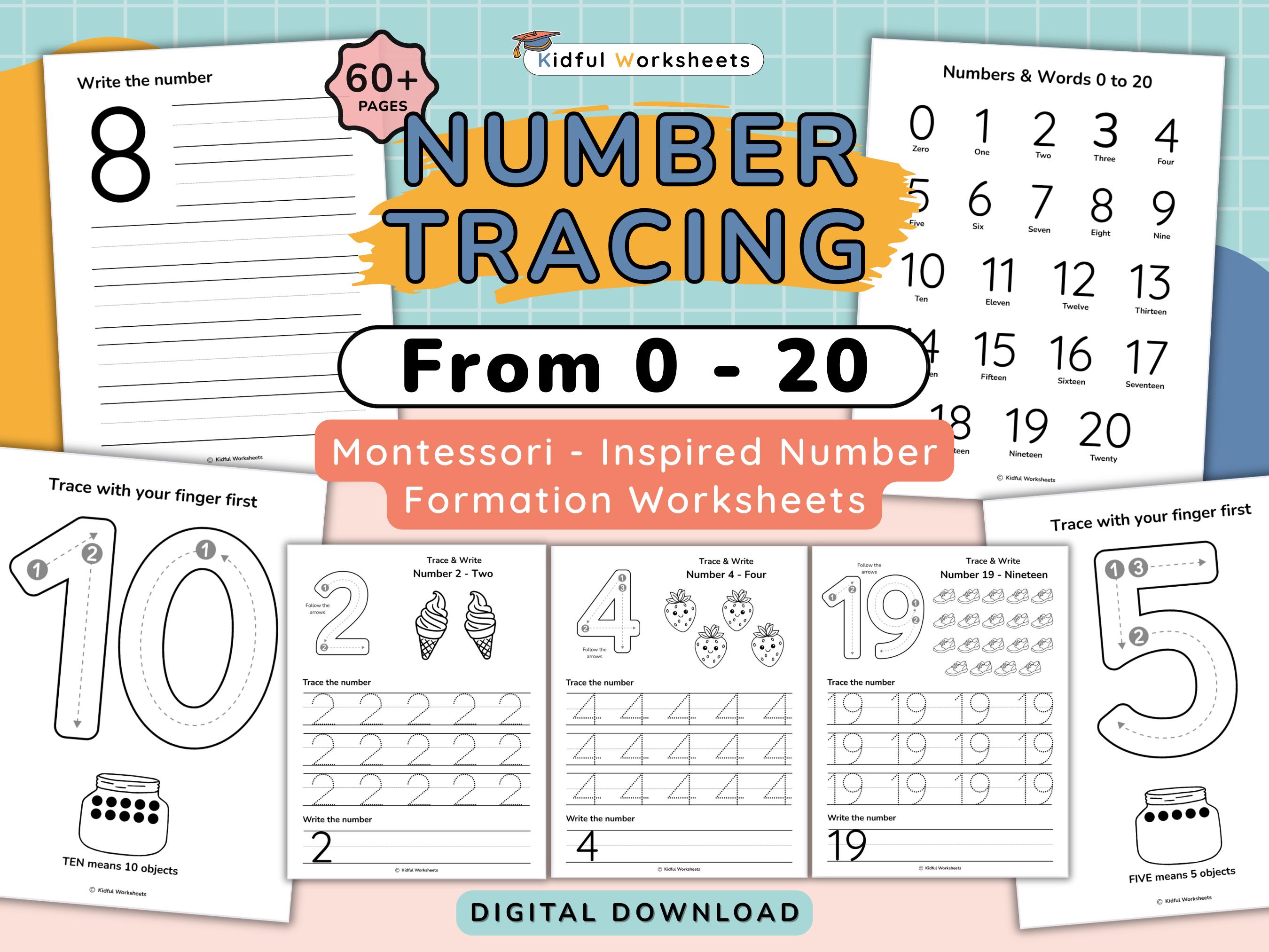 Trace Numbers 0-20 Worksheets, Zero to Twenty Preschool & Kindergarten ...