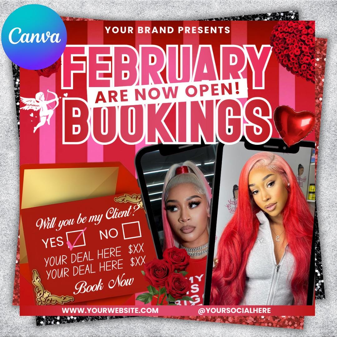 February Booking Flyer, Valentines Day Booking Flyer, February Booking ...