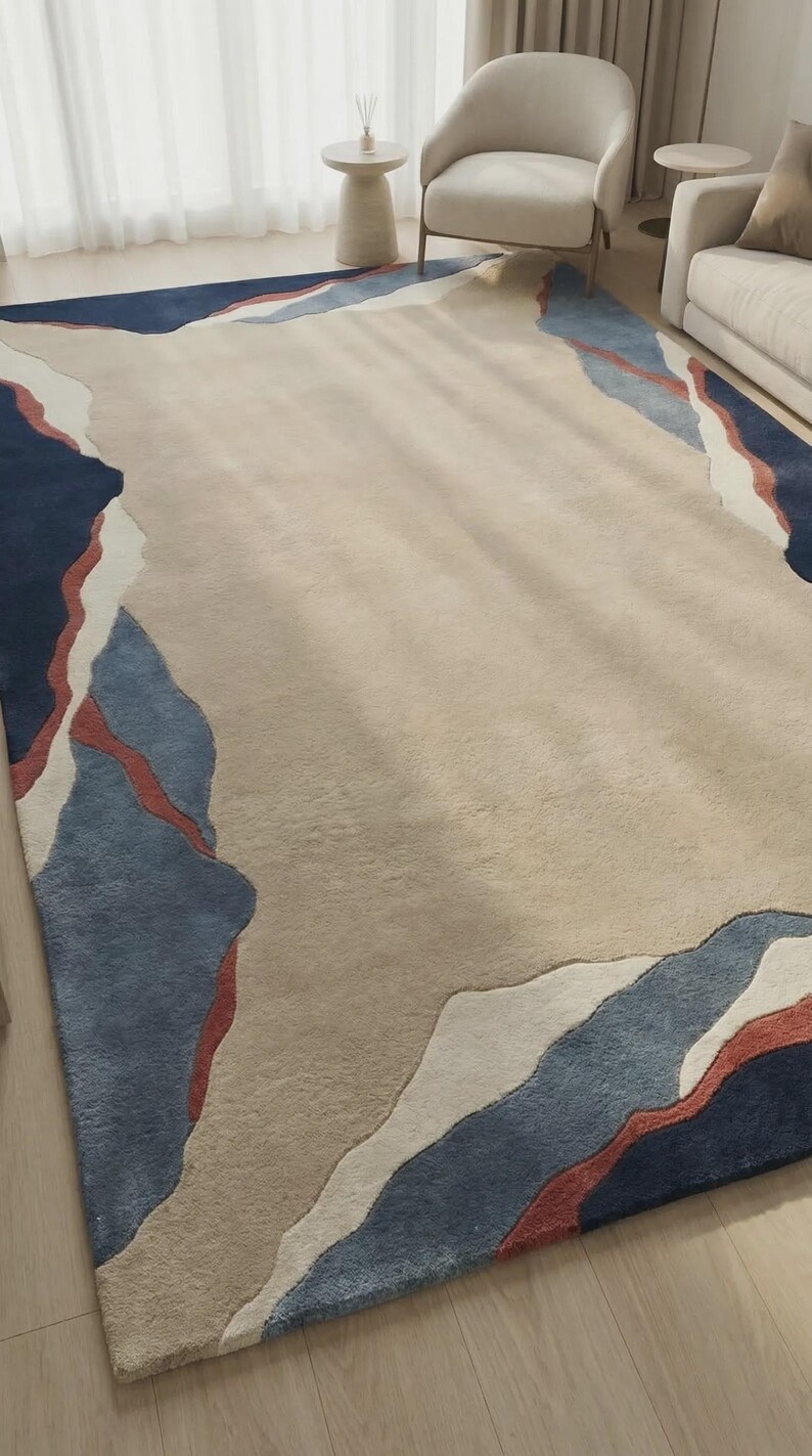 Hand Tufted Wool Rug | Abstract Beige Blue Contemporary Area Carpet - Etsy