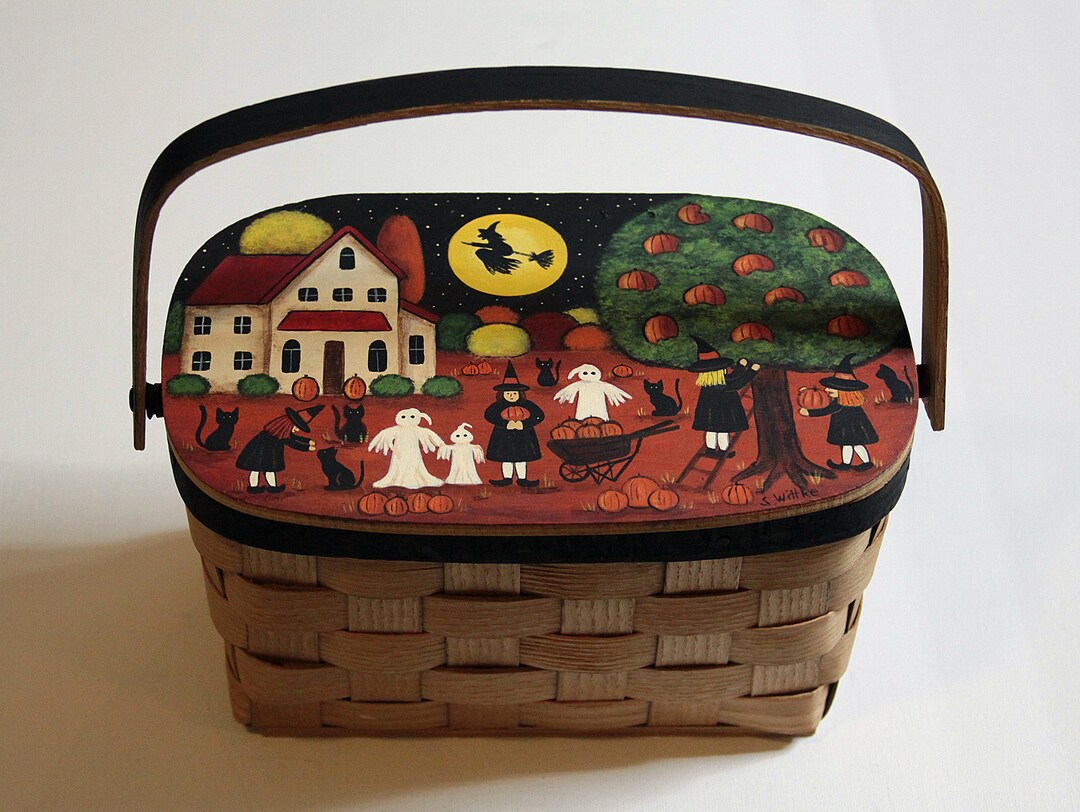 Witches Night Out Basketville Basket Purse, Hand Painted Halloween Folk ...