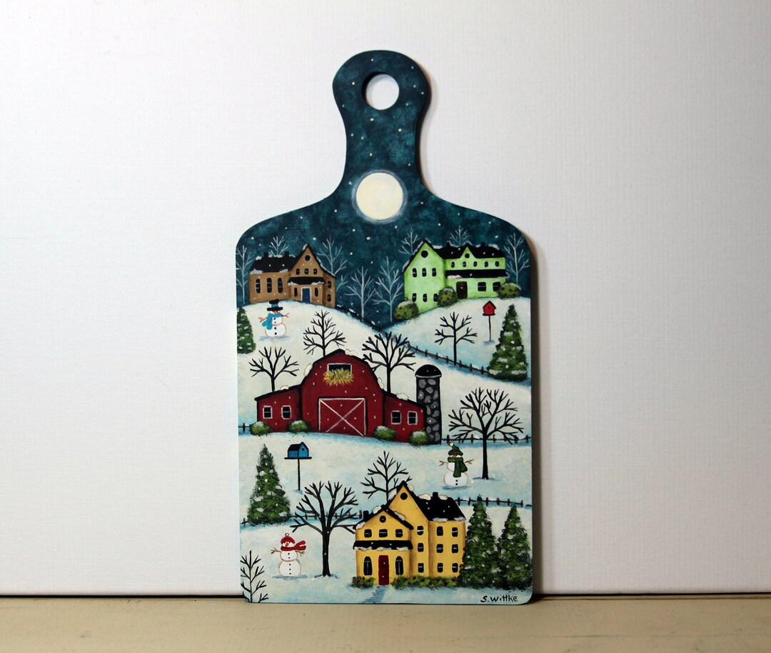 Hand Painted Primitive Folk Art Americana Scene on Wood Charcuterie ...