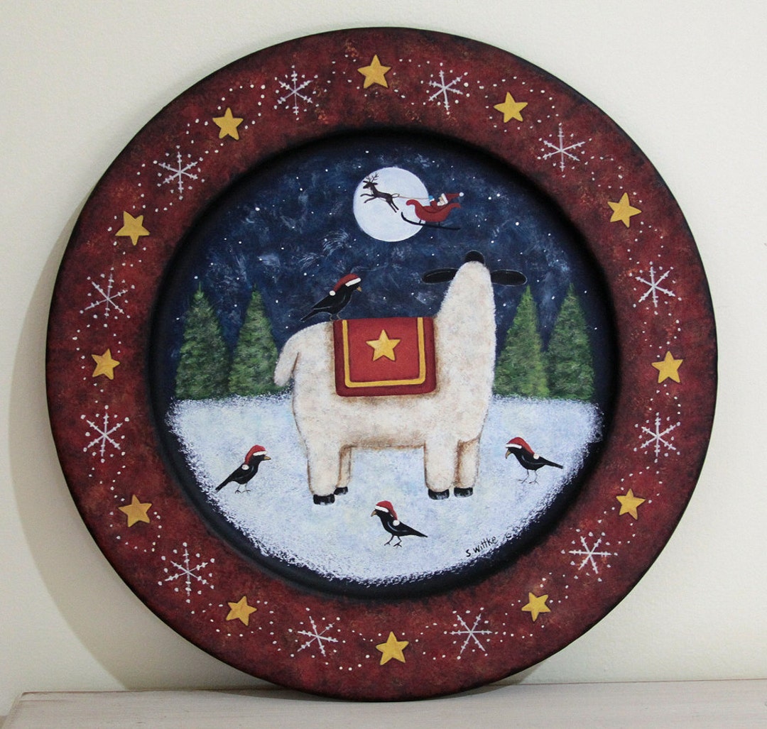 Christmas Folk Art Hand Painted Wood Plate, Primitive Winter Scene ...