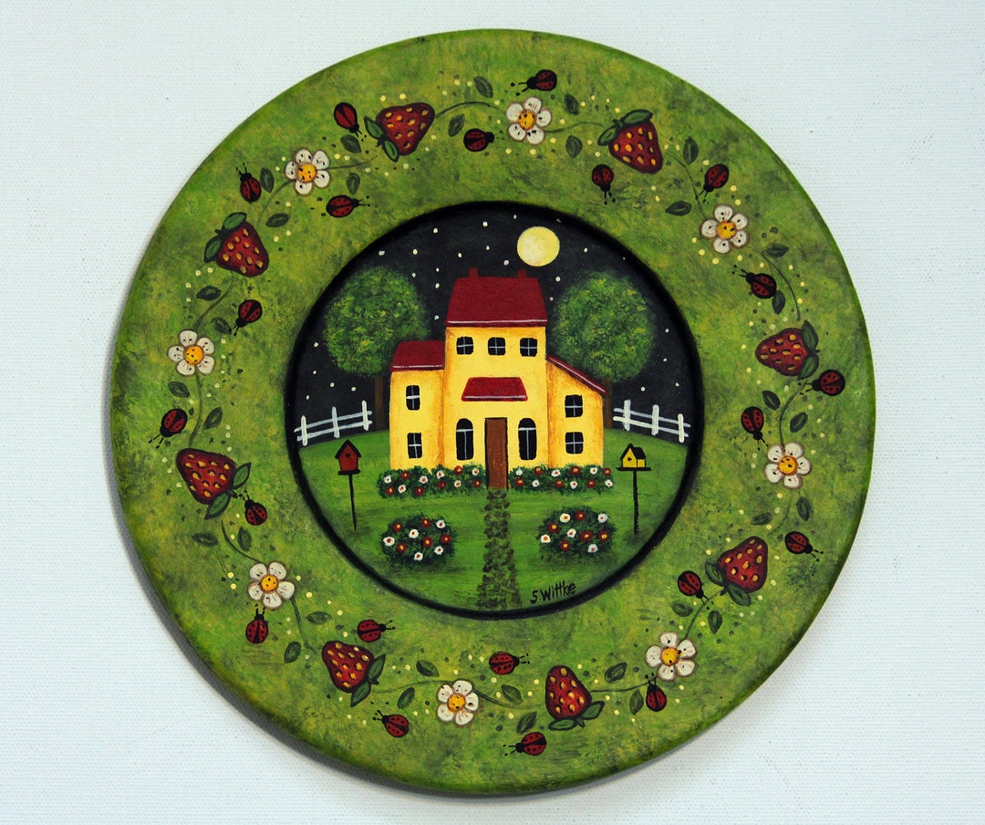 Folk Art Hand Painted Wood Plate, Saltbox House, Strawberries, Ladybugs ...