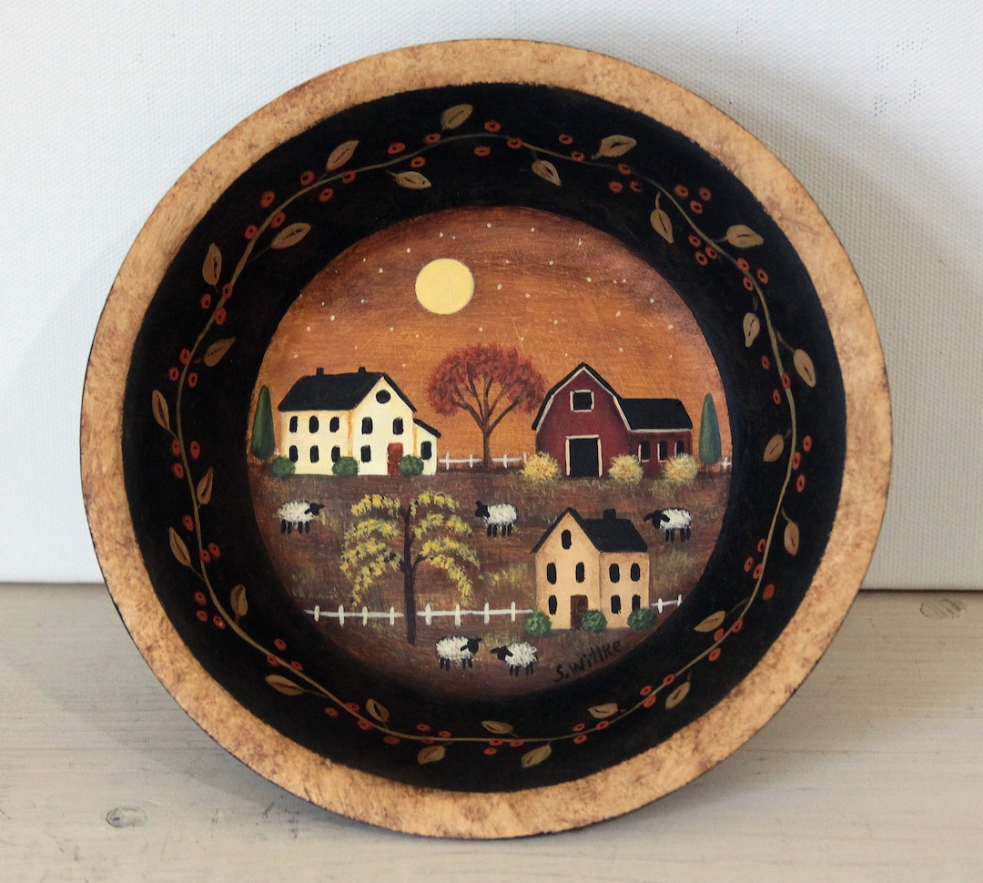 Primitive Hand Painted Folk Art Vintage Wood Bowl, Saltbox Houses, Red ...