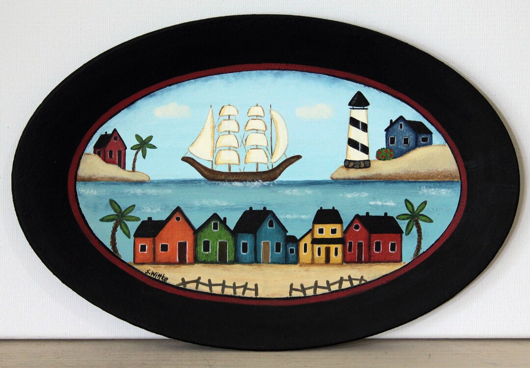 Folk Art Seaside Village Hand Painted Plate, Primitive Beach Decor ...