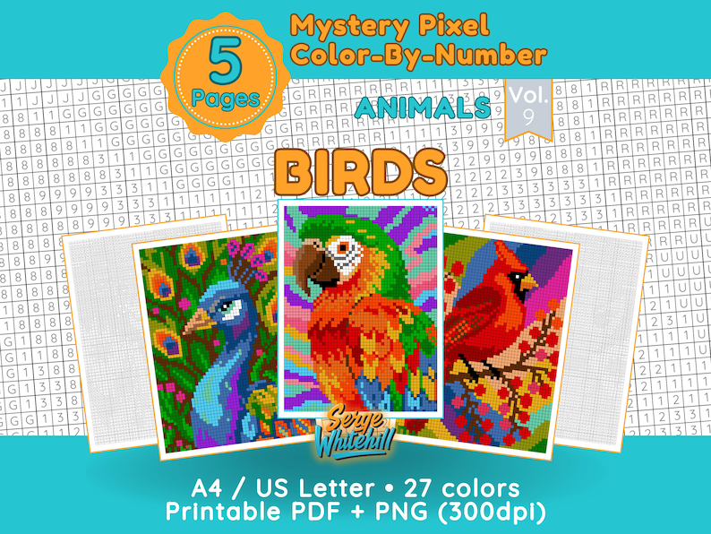 Birds Mystery Mosaic Color by Number (vol.3), Pixel Coloring Pages, 5 ...