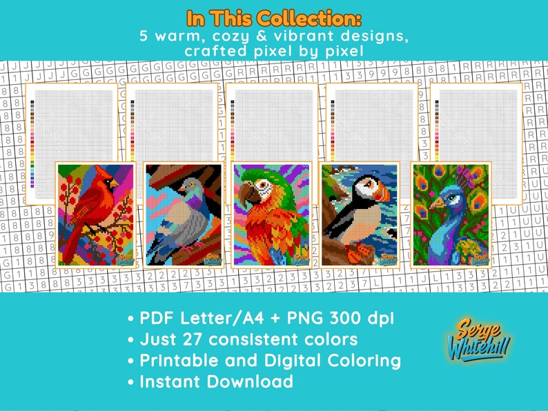 Birds Mystery Mosaic Color by Number (vol.3), Pixel Coloring Pages, 5 ...