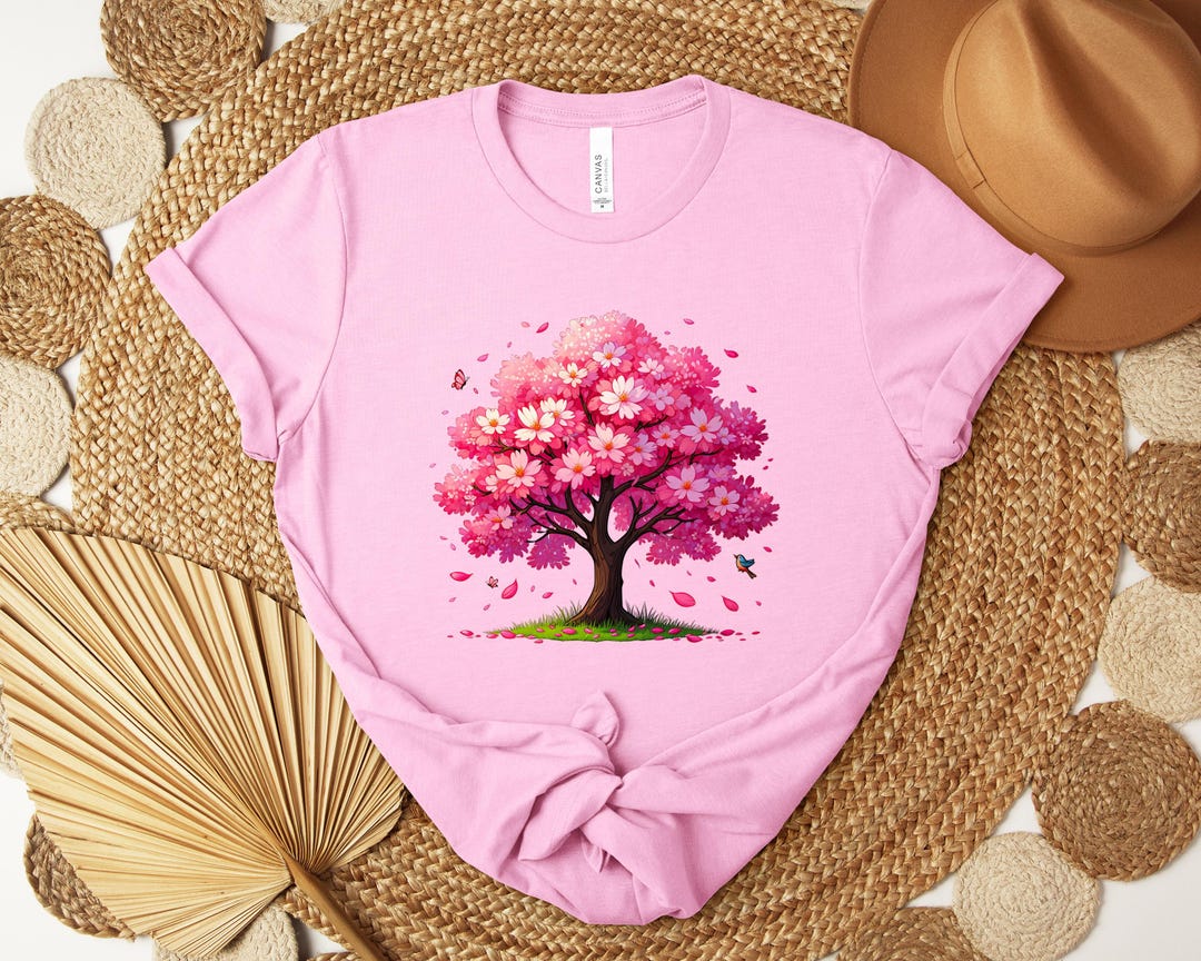 Sakura Cherry Blossom Tree Graphic T-shirt, Pink Floral Spring Apparel ...