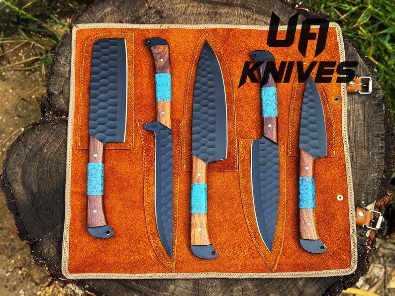 UA Nile Forge - Hand Forged Carbon Steel 5 Pcs Chef Set With Leather ...