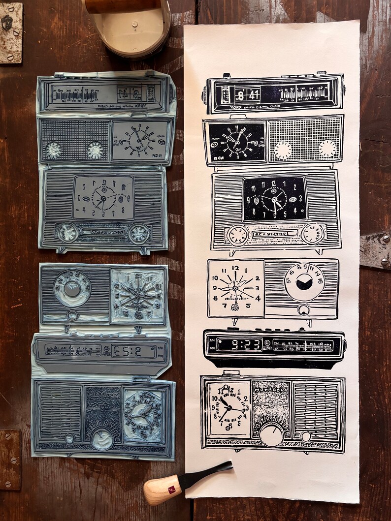 Vintage AM/FM Clock Radio Block Print - Etsy