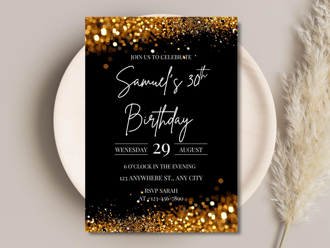 Editable Adult Glitter Glam Birthday Invitation Template, Minimal Black ...