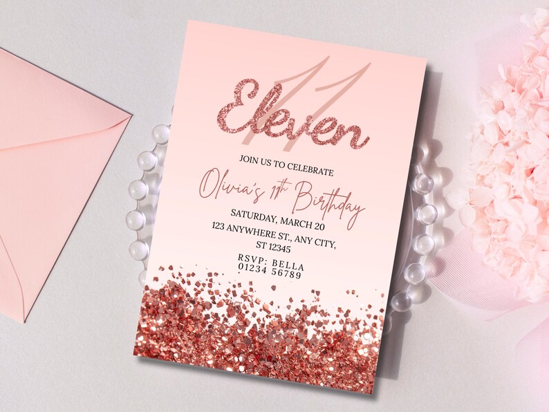 Editable Rose Gold Glitter 11th Birthday Invitation Template ...