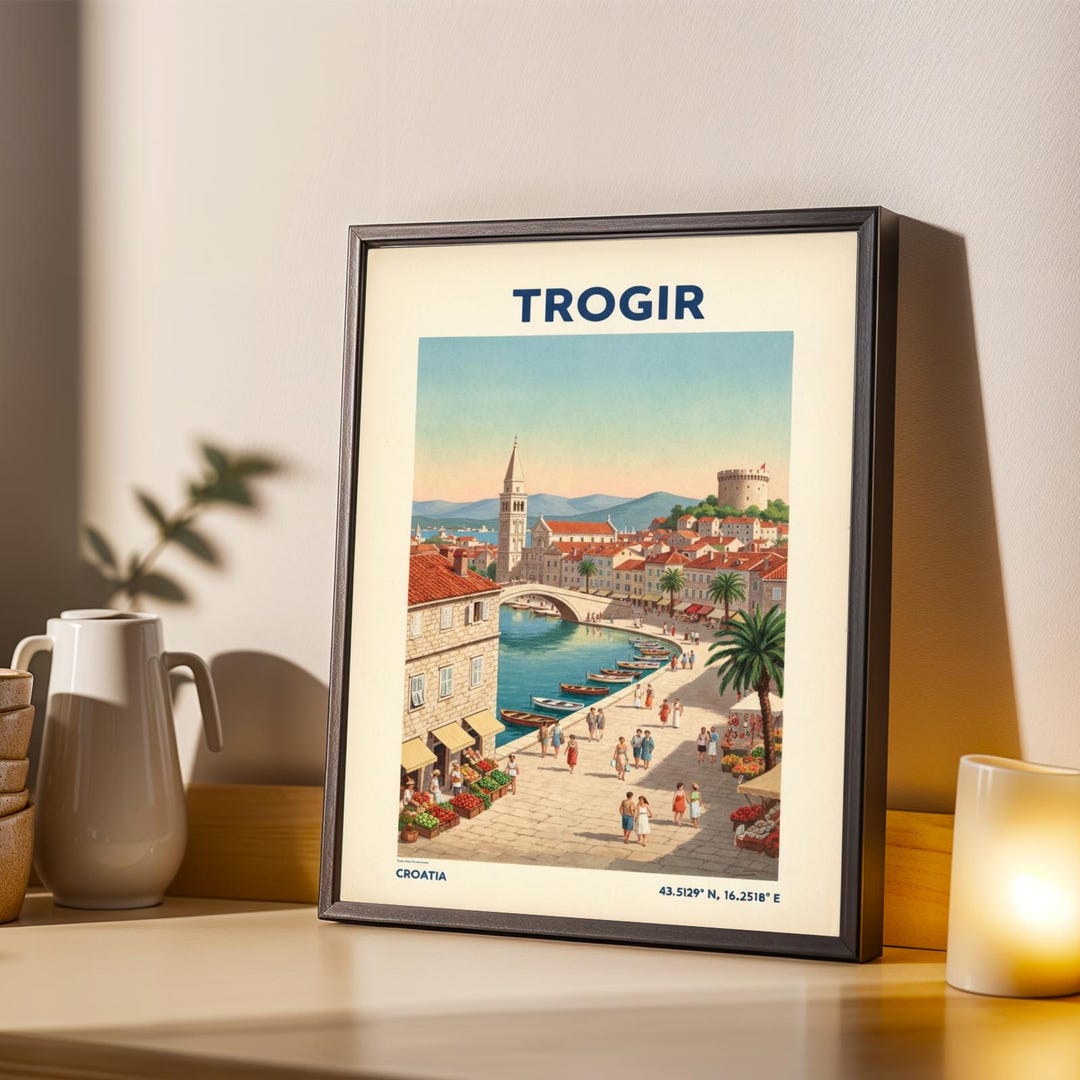 Trogir Waterfront Scene Poster – Vintage Mediterranean Illustration for ...