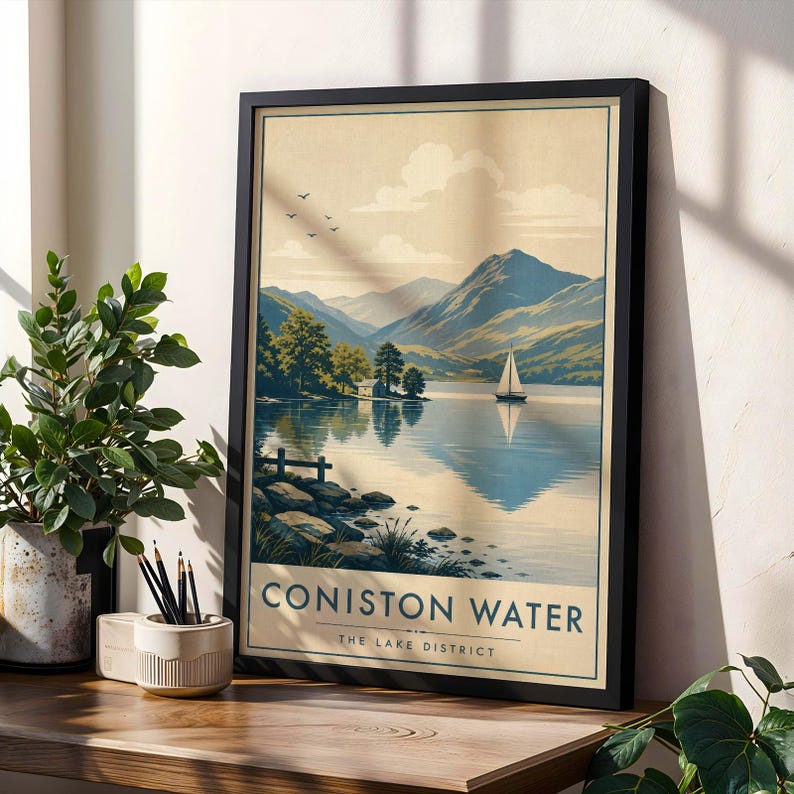 Coniston Water Poster | Modern Vector, Patina Blue and Cloud Dancer ...