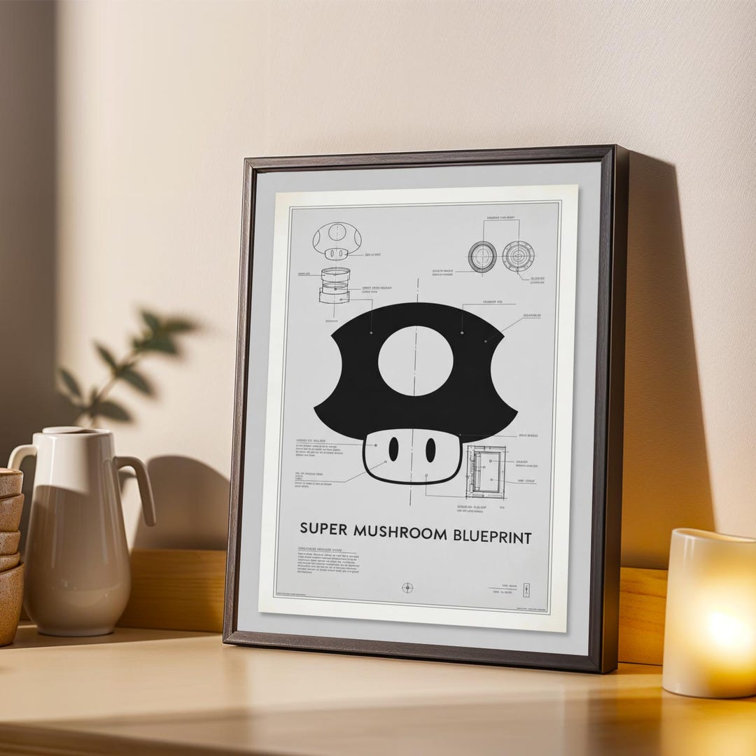 Super Mushroom Blueprint Poster – Minimalist Schematic Art for Gamers ...