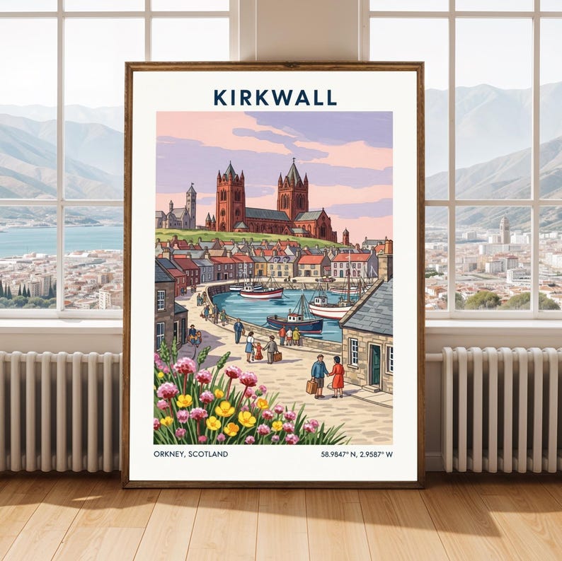 Kirkwall Cathedral Harbour Poster – Vintage Travel Art – Orkney British ...