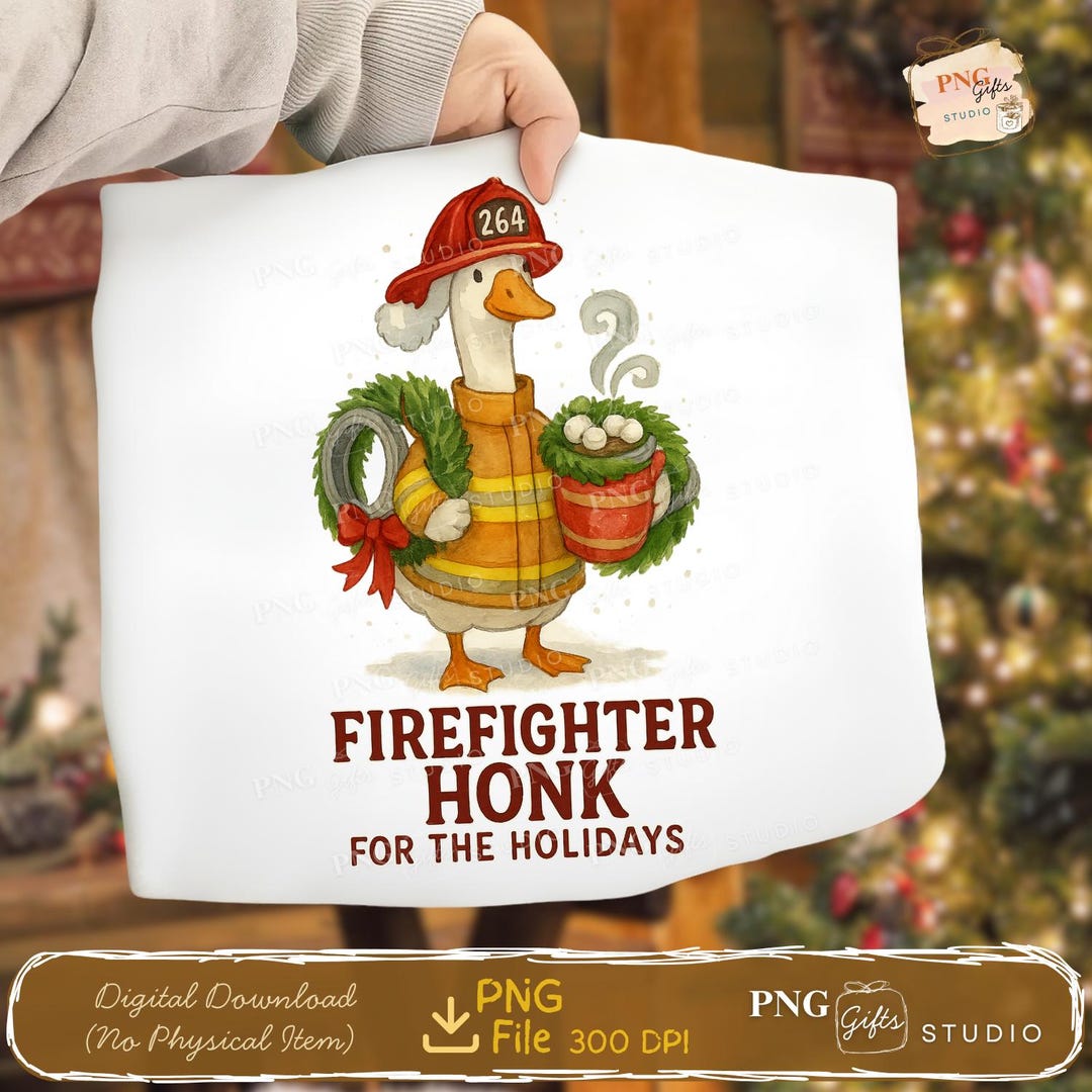 Firefighter Goose Christmas Clipart | Watercolor Wreath PNG (digital ...