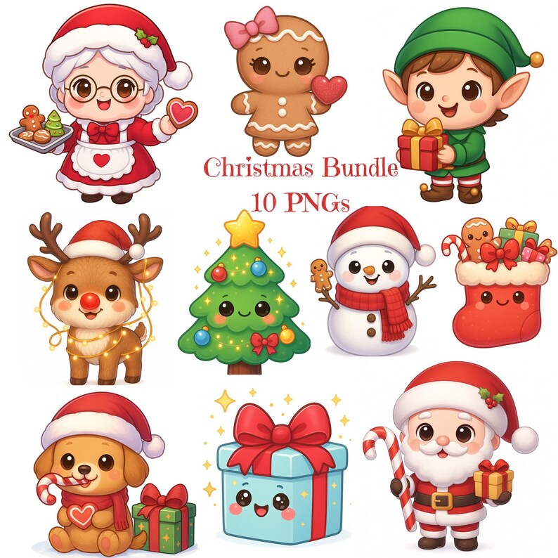 Kawaii Christmas PNG Bundle | Santa, Reindeer, Elf (digital Download ...