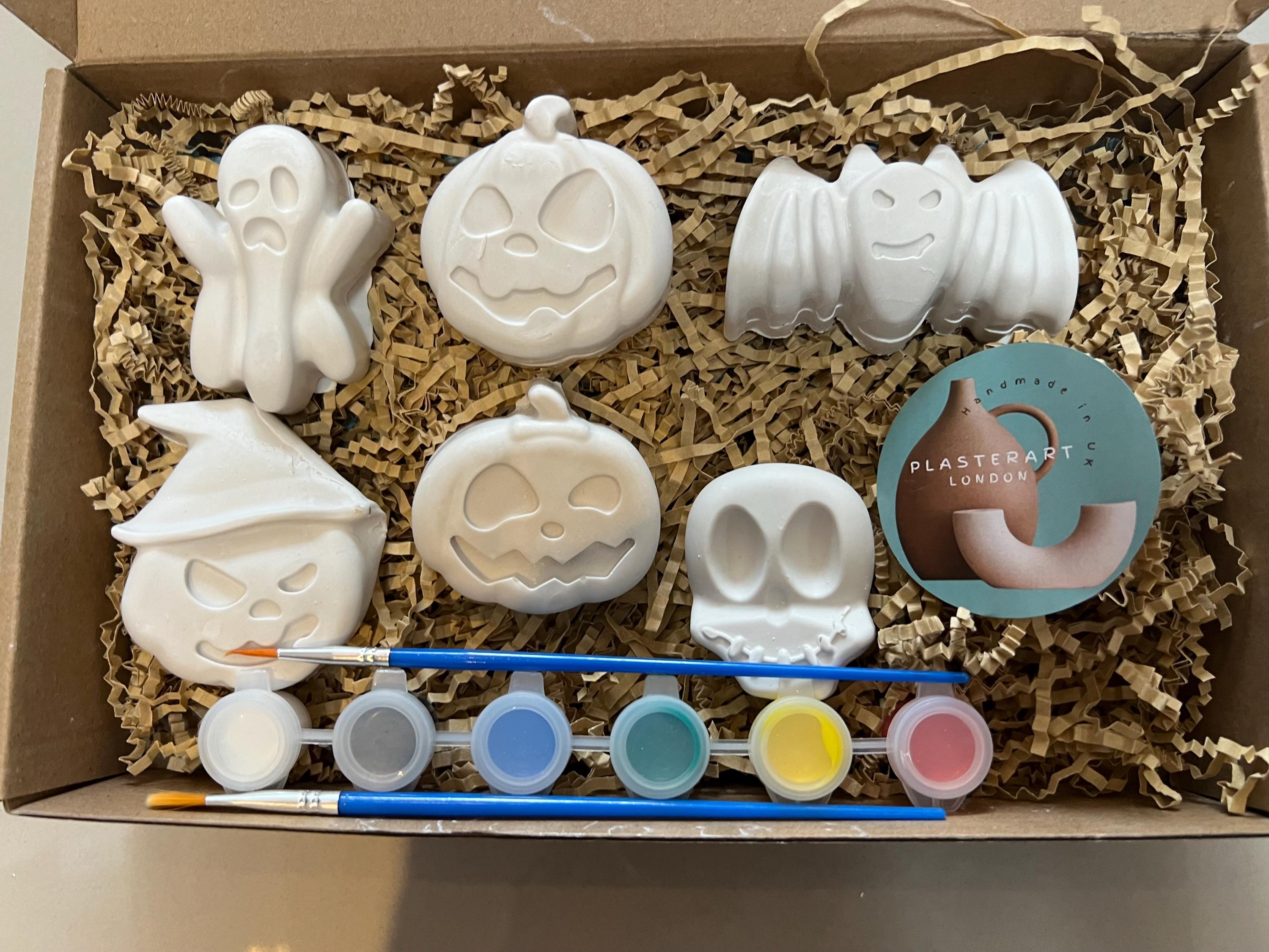 Halloween Plaster Figurine Set – Paintable Bat, Pumpkins, Skull & Ghost ...
