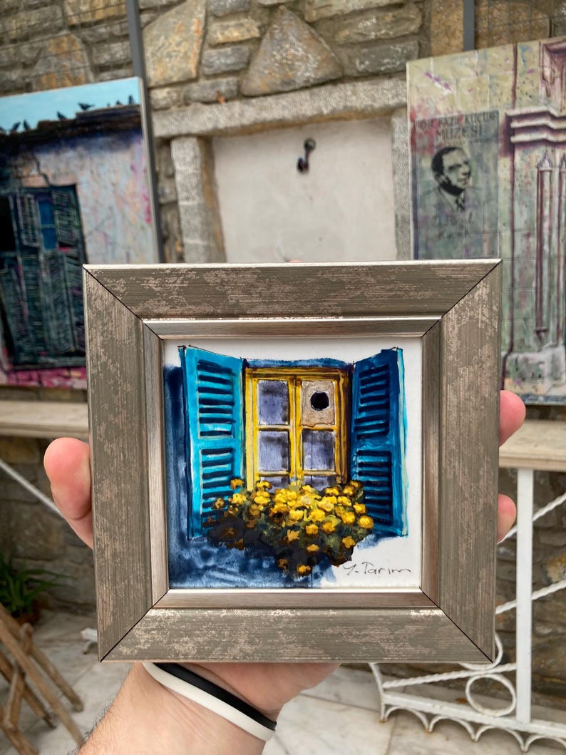Aegean Window With Yellow Flowers:mini Original Handmade Acrylic ...