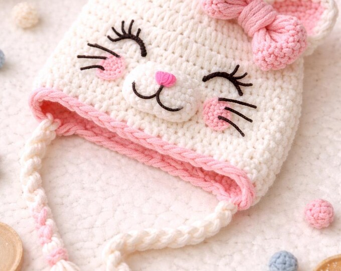 Crochet Kitty Earflap Hat Pattern PDF Cat Hat With Bow, 3D Muzzle ...