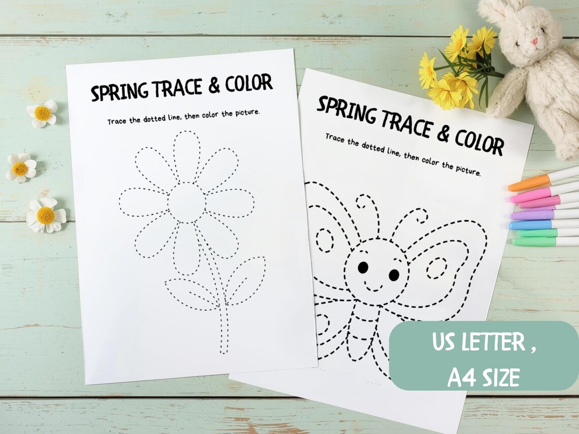 Spring Trace and Color Worksheets for Kids, Preschool Spring Activities ...