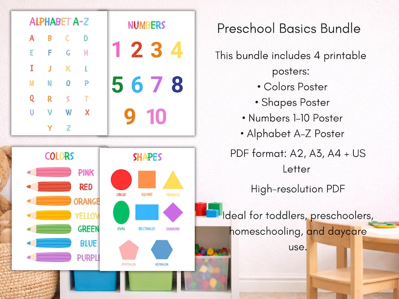 Preschool Basics Bundle | Colors, Shapes, Numbers & Alphabet Posters ...