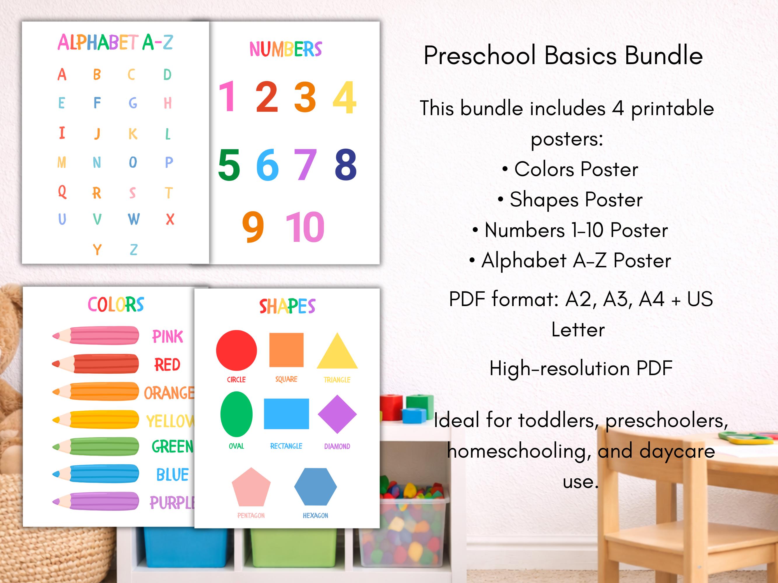 Preschool Basics Bundle | Colors, Shapes, Numbers & Alphabet Posters ...