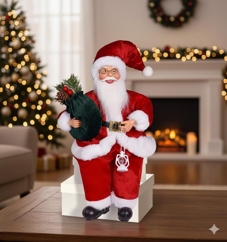 Vintage Santa Claus Figures: Standing & Sitting Xmas Mantel Decor Set ...