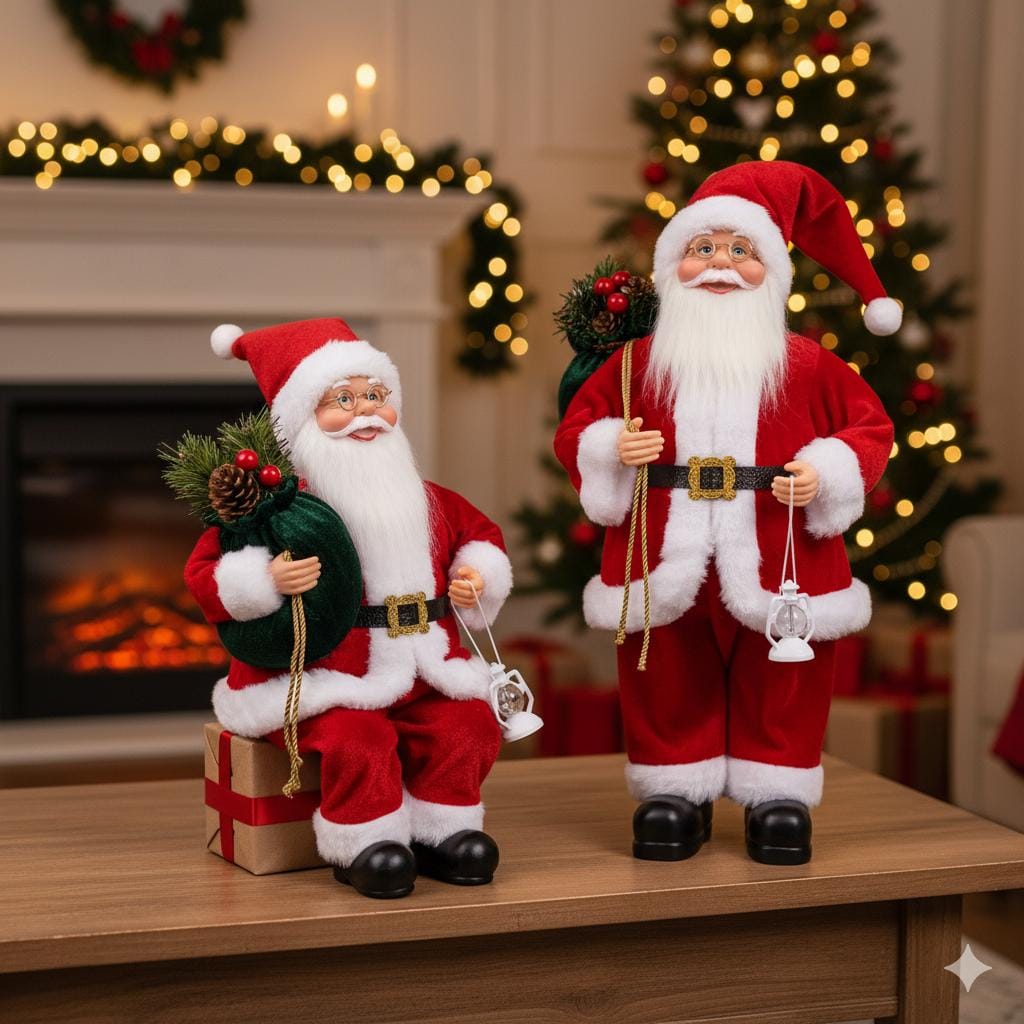 Vintage Santa Claus Figures: Standing & Sitting Xmas Mantel Decor Set ...