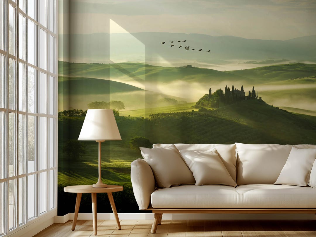 Italian Countryside Cypress Tree, Tuscany Wallpaper Mural, Misty Green ...