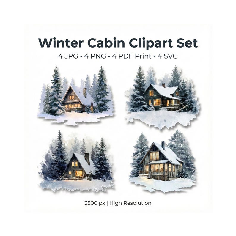 Watercolor Winter Cabin Clipart Set | Snowy House Illustrations ...