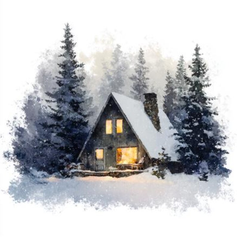 Watercolor Winter Cabin Clipart Set | Snowy House Illustrations ...