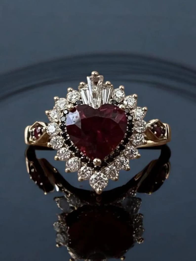 Heart Shaped Ruby Engagement Ring, Vintage Heart Halo Ring, Garnet and Diamond Ring, Unique ...