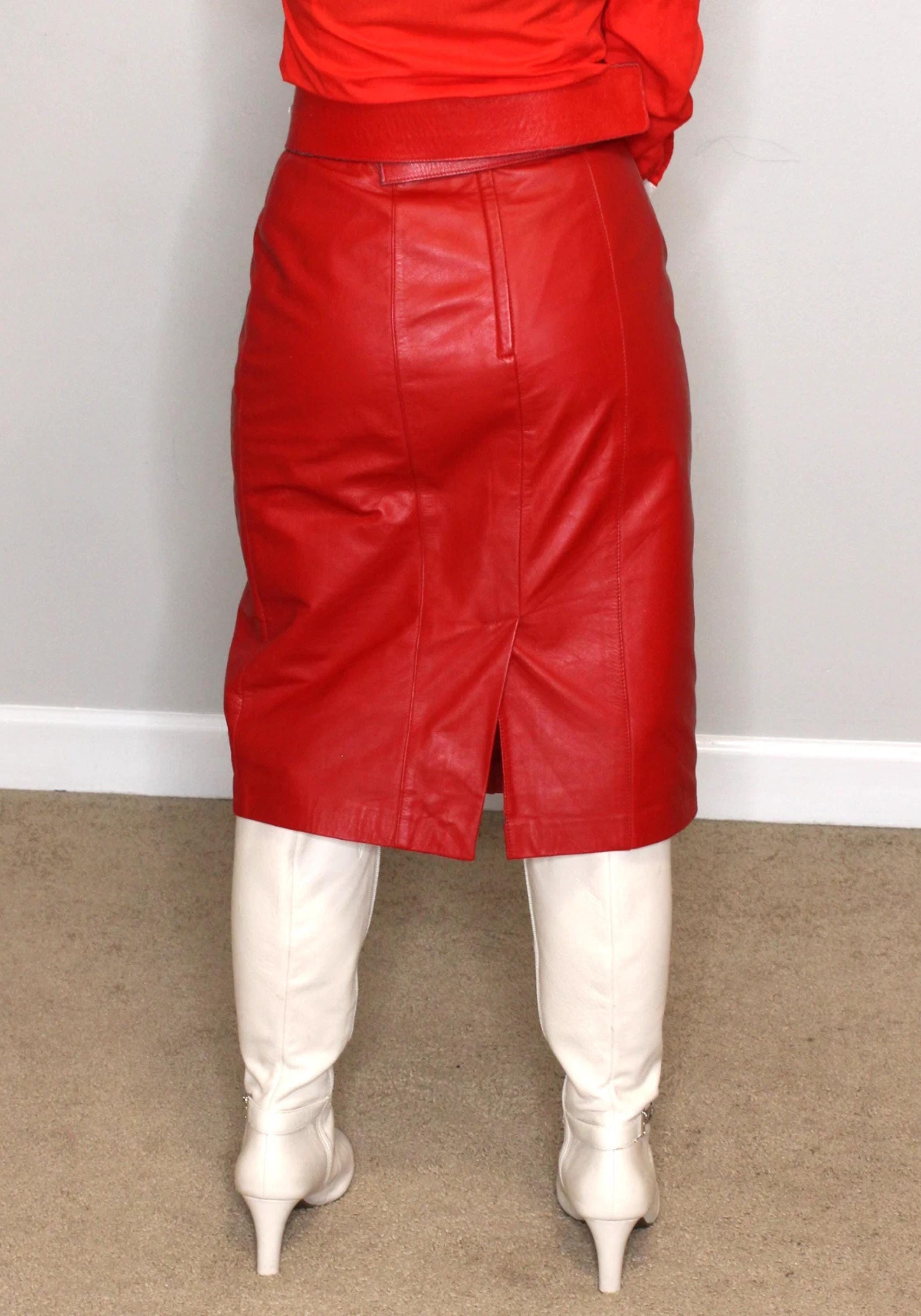 Red Leather Pencil Skirt for Women – High Waist Real Leather Midi Skirt ...