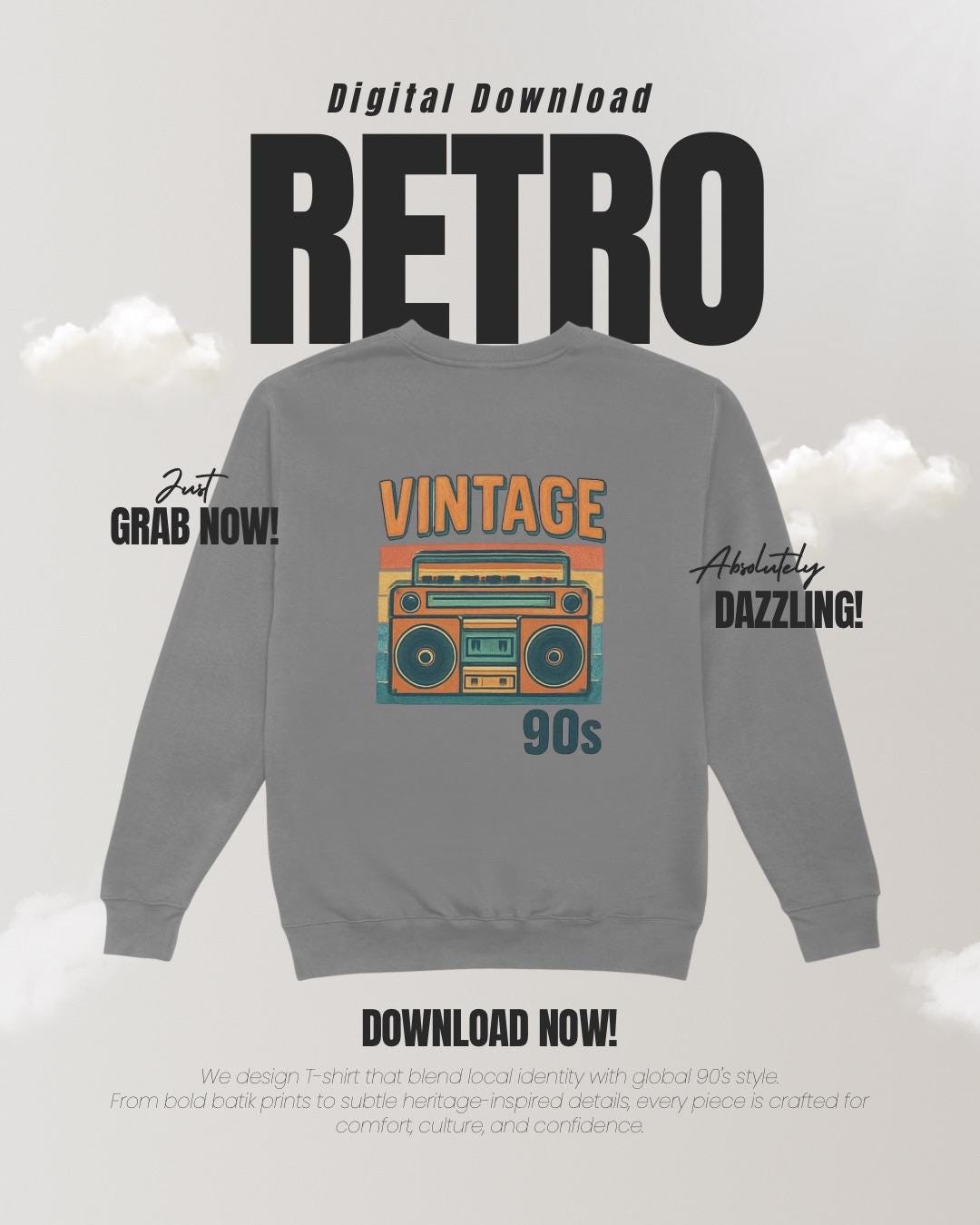Retro Vintage 90s Boombox Sweater Mockup Design | Digital Download File ...