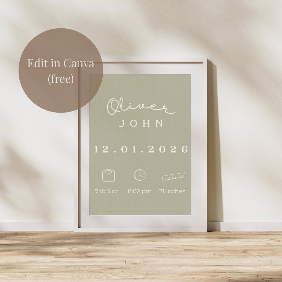 Editable Birth Stats Template – Olive Green Baby Birth Print ...