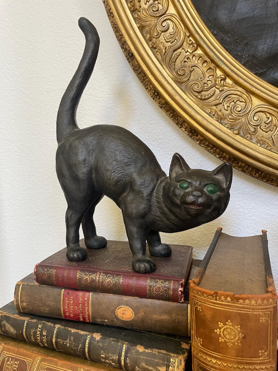Antique Cast Iron Doorstop Hubley Black Cat Green Eyes Arched Back ...