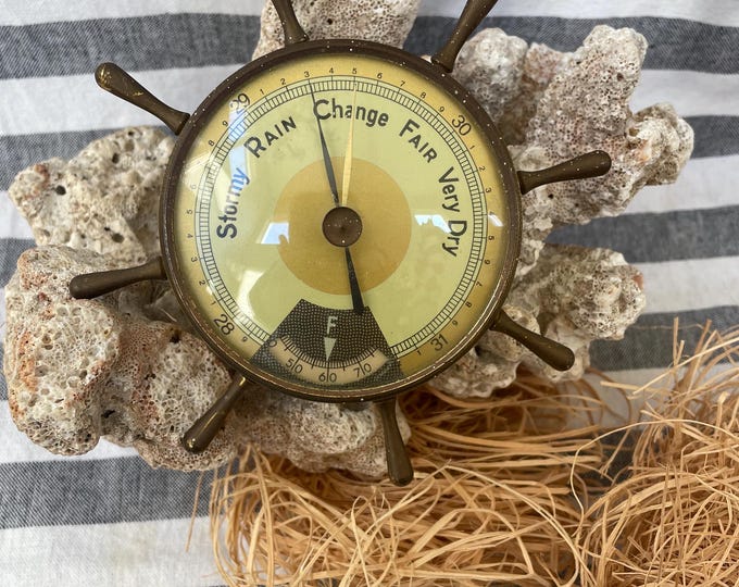 Vintage Thermometer Barometer Ship Wheel Maritime Metal - Wall Hanging ...