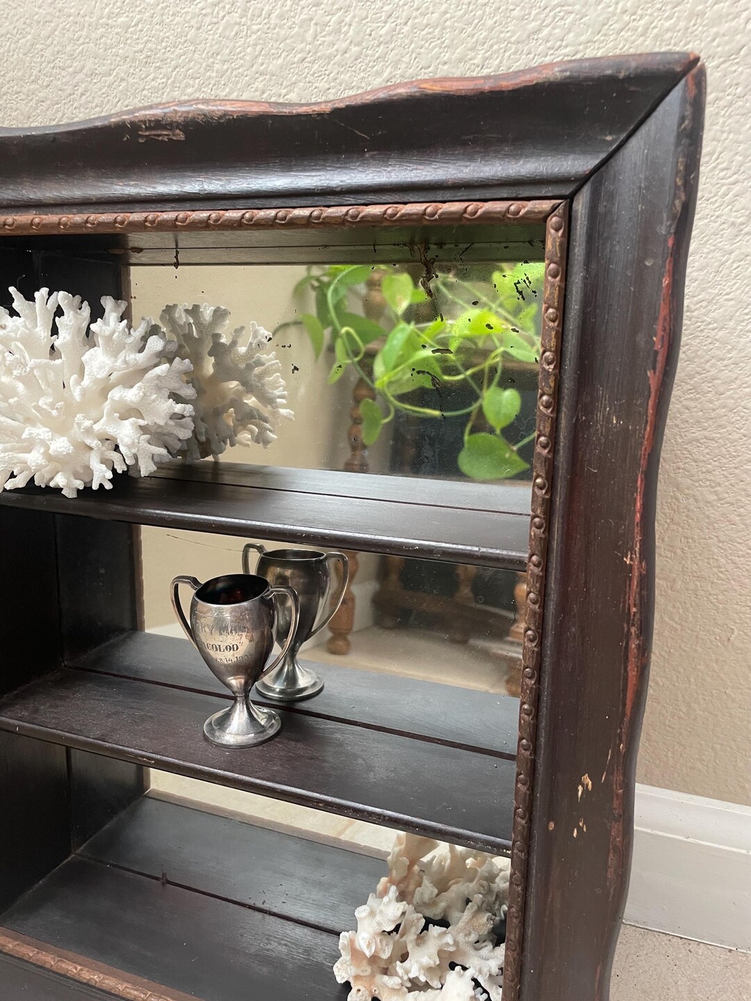 Vintage Sweet Mirrored Curio Shelf Vintage Wood Mirrored Shelf Wall ...
